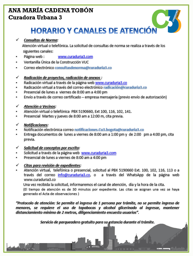 HORARIOS Y CANALES DE ATENCIÓN – Curaduría Urbana 1 Bogotá